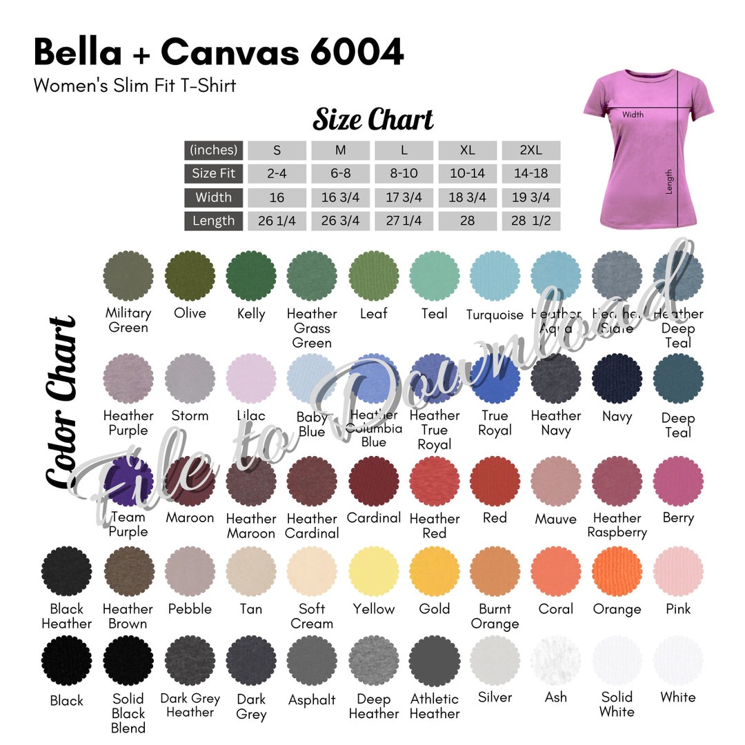 Bella Canvas 6004 Color and Size Chart, BC6004 Womens Slim Fit T-shirt ...
