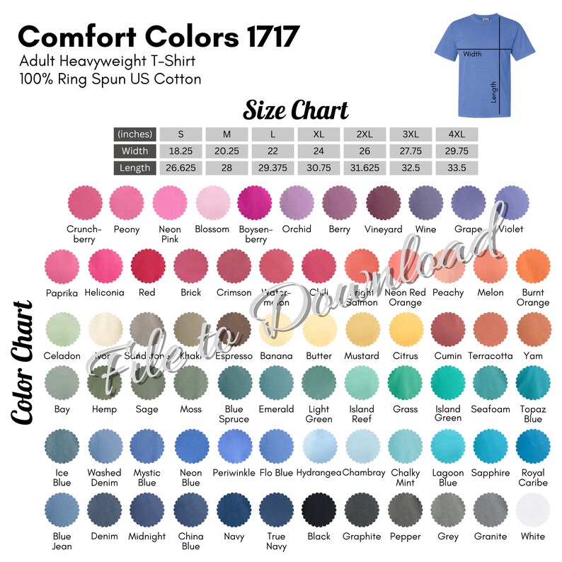 Editable Comfort Colors 1717 Color Chart and Size Chart - Etsy