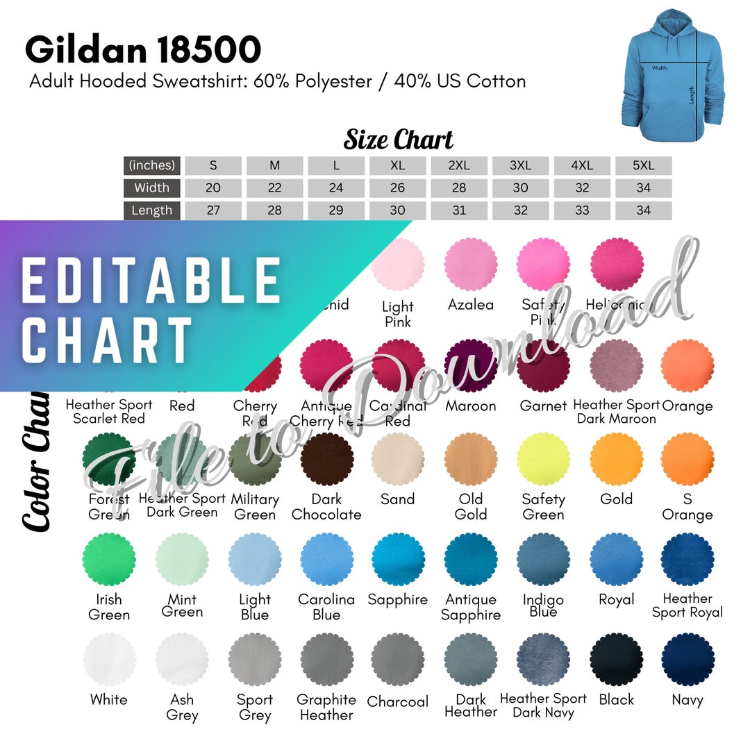 EDITABLE Gildan 18500 Color Chart and Size Chart, G185 Hooded ...