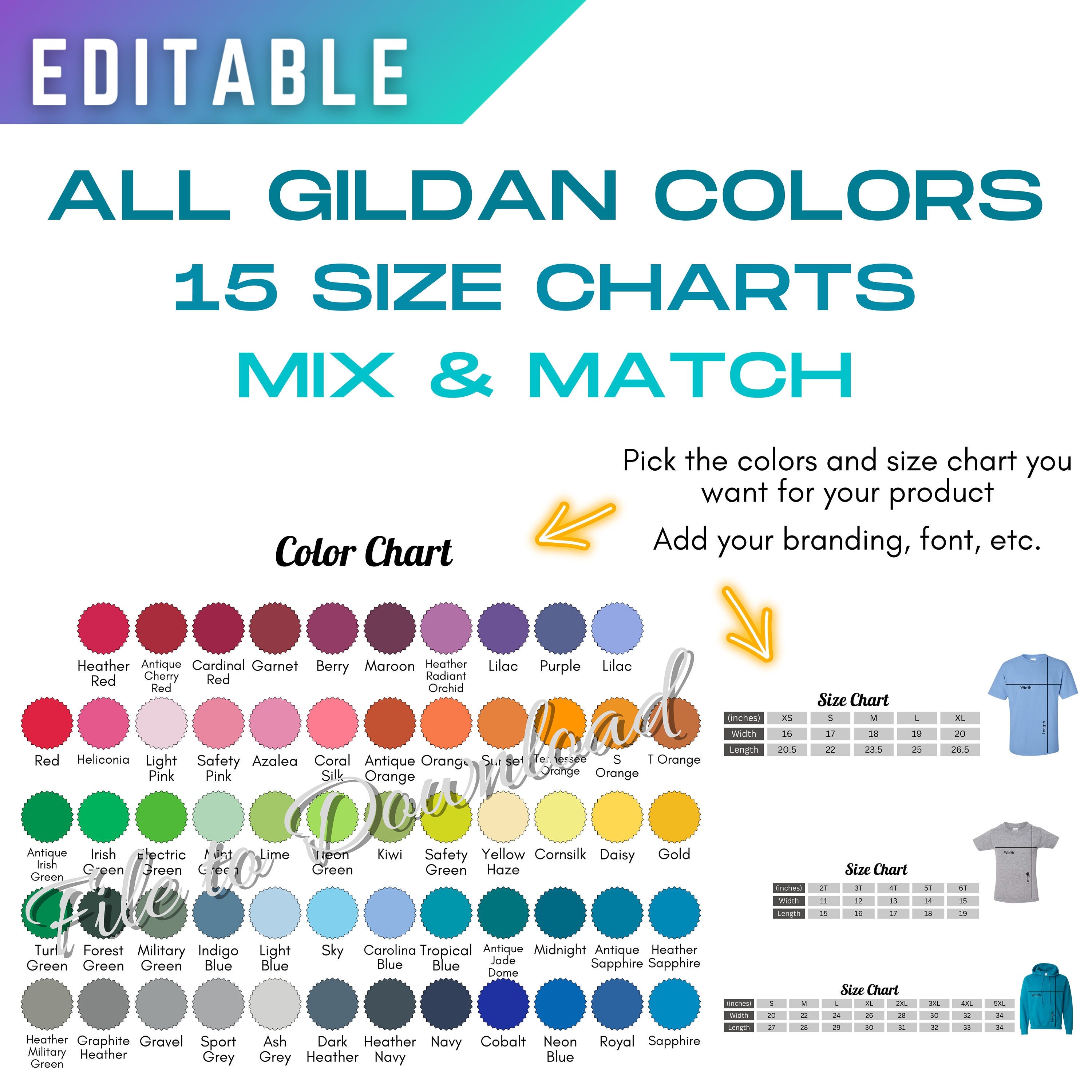 Editable Gildan Color Charts and Size Charts All Colors & 15 - Etsy