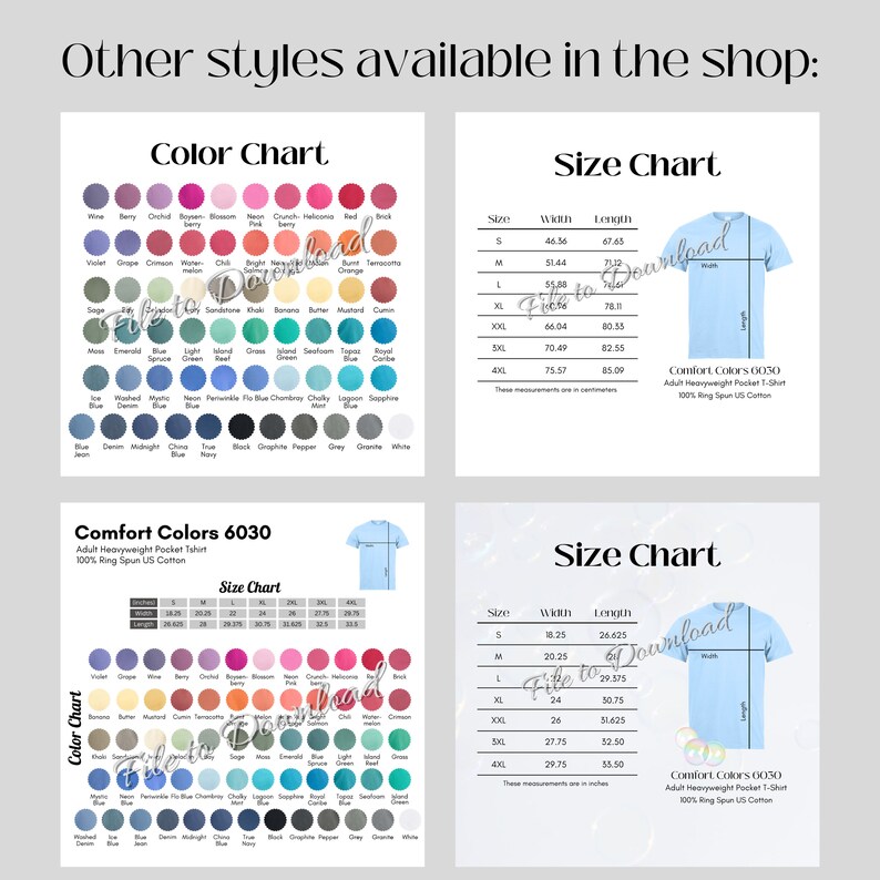 Comfort Colors 6030 Color Chart and Size Chart, CC6030 Pocket Tshirt ...