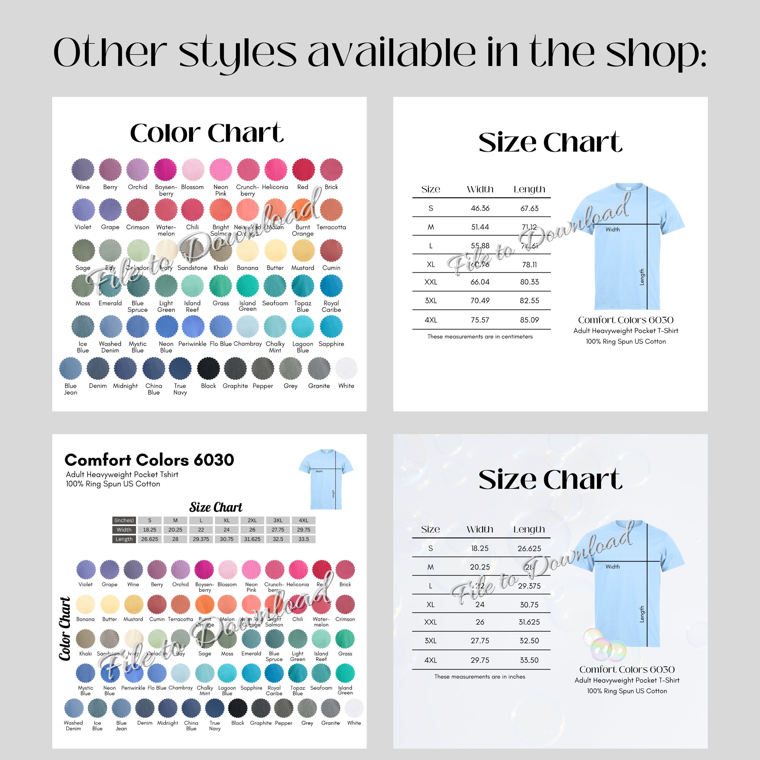 Comfort Colors 6030 Color Chart and Size Chart, CC6030 Pocket Tshirt ...