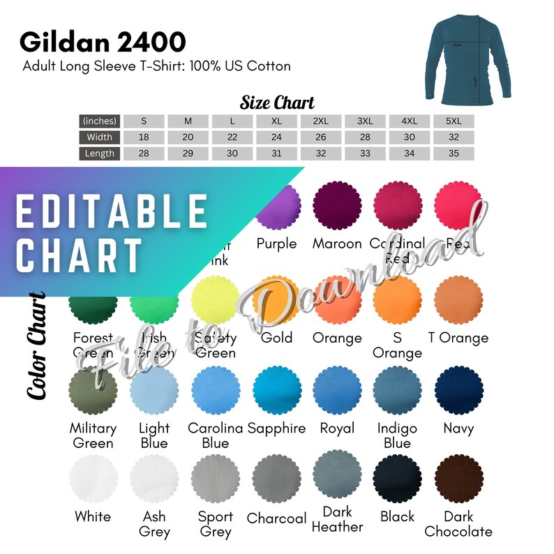 Editable Gildan 2400 Color Chart and Size Chart, Gildan 2400 Adult Long ...