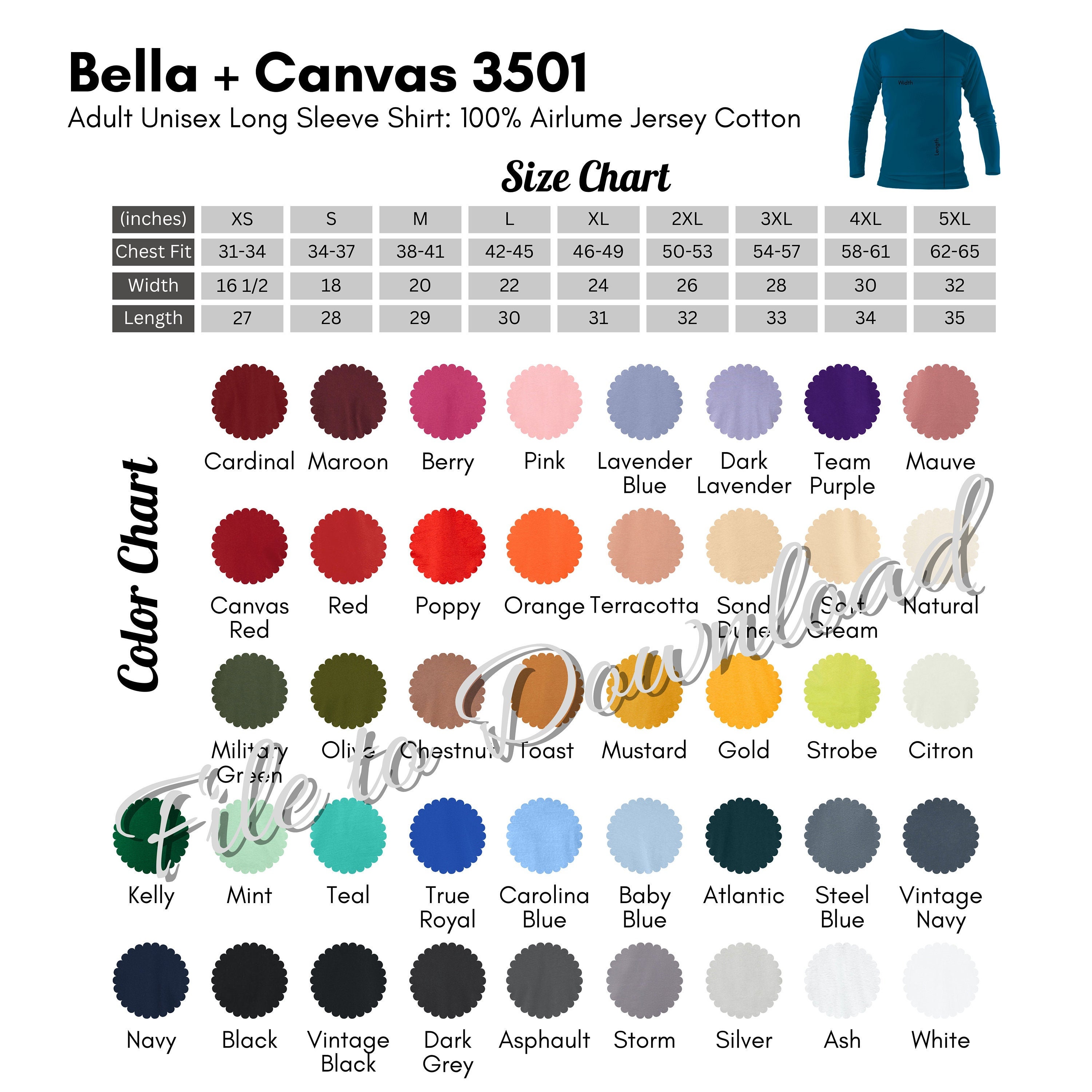 Bella Canvas 3501 Color and Size Chart Combo, BC3501 Unisex Long Sleeve ...