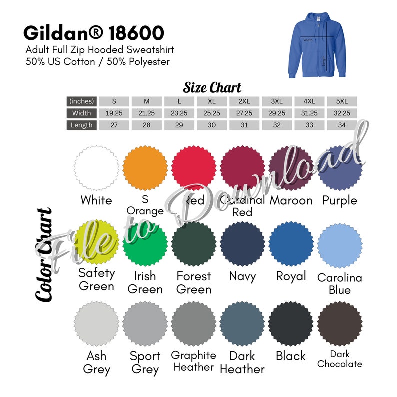 Gildan 18600 Color Chart and Size Chart G186 Full Zip Hooded - Etsy