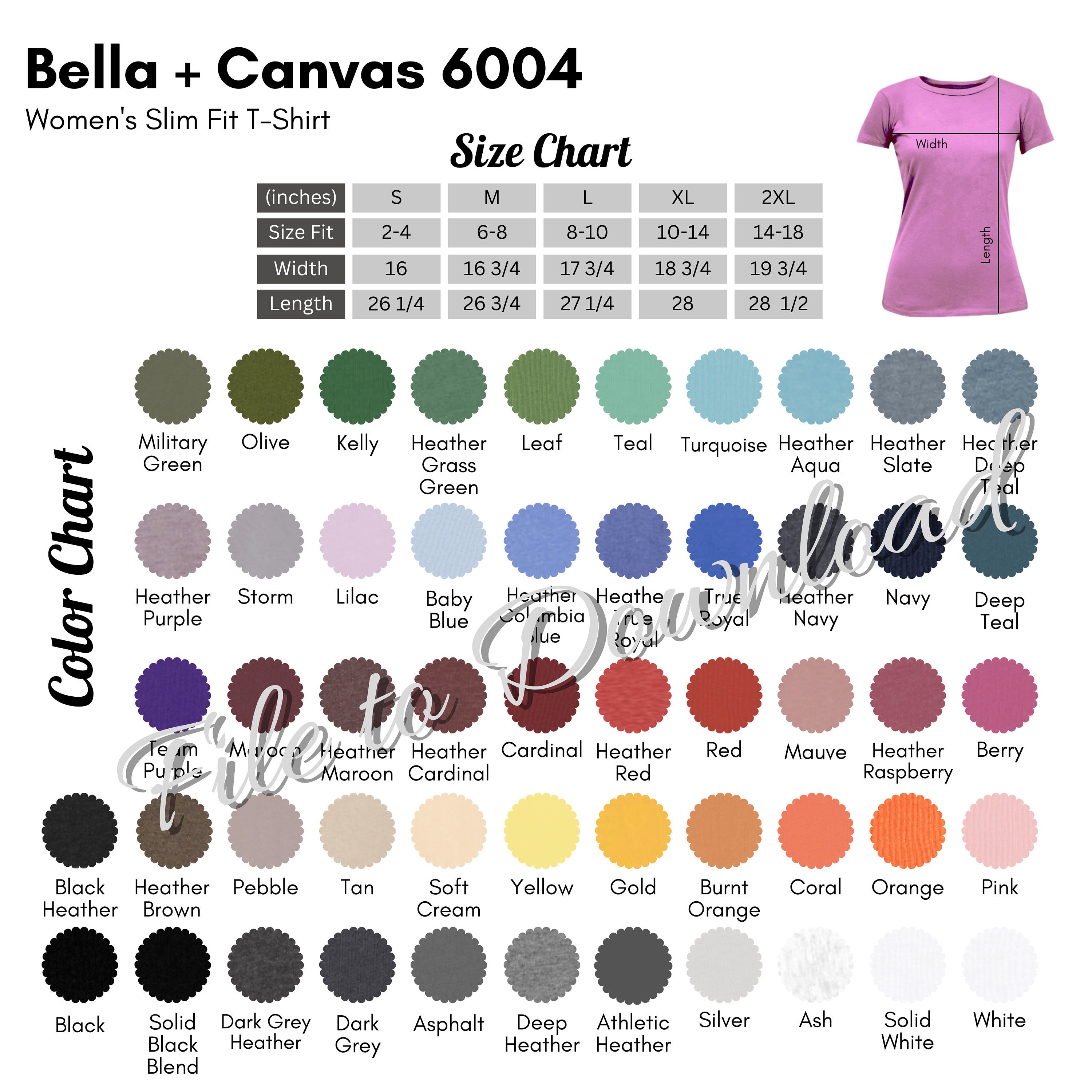 Editable Bella Canvas 6004 Color Chart and Size Chart, BC6004 Women's ...