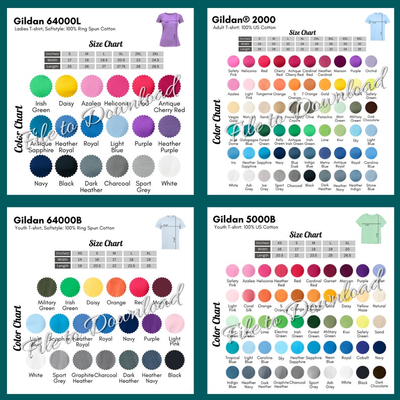 BUNDLE Gildan Color and Size Charts, Gildan T-shirt Color Guide, Gildan ...