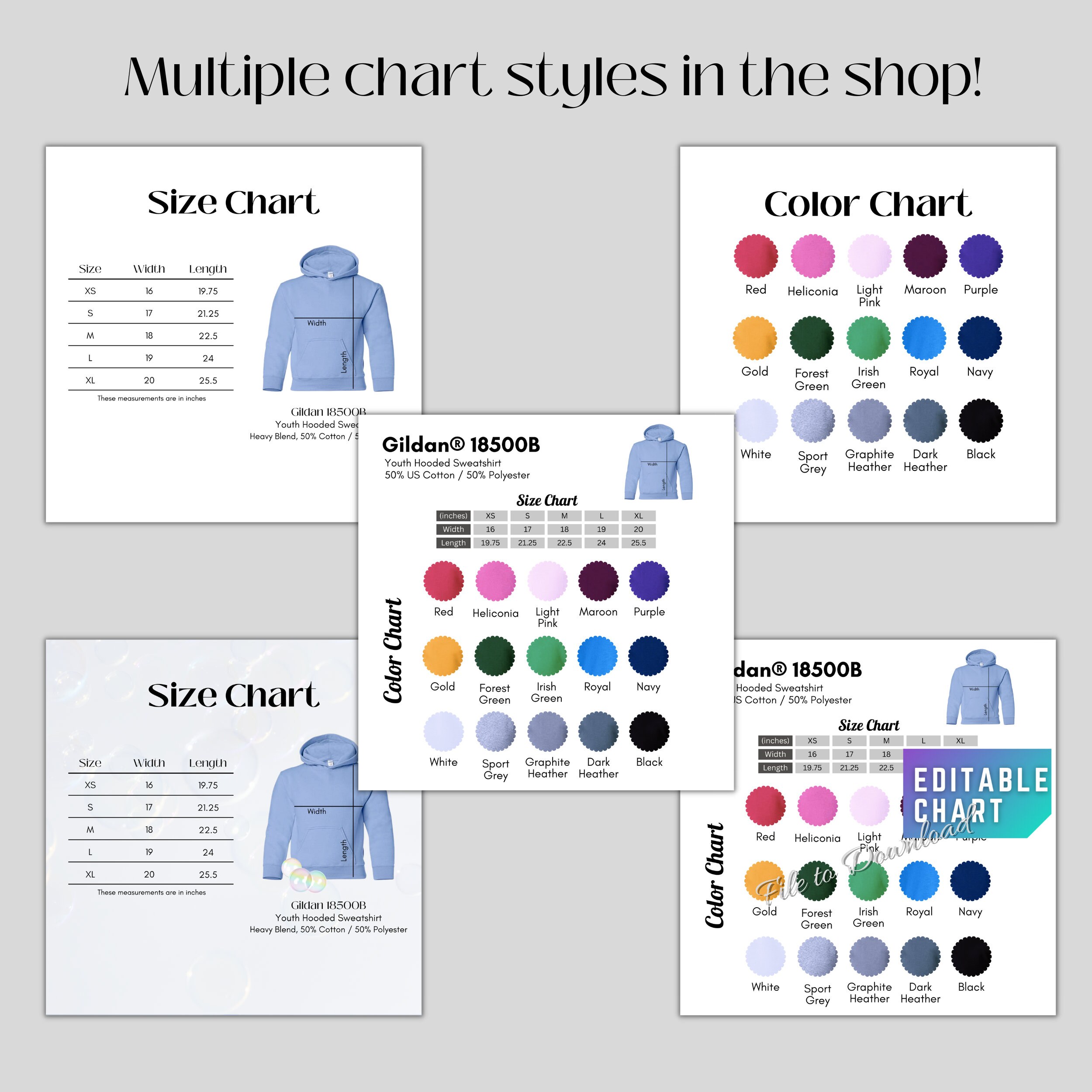 Gildan 18500B Color Chart, G185B Youth Hooded Sweatshirt Colour Guide ...