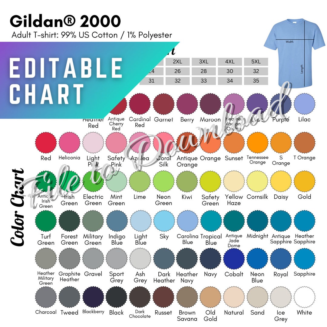 Editable Gildan 2000 Color Chart and Size Chart Gildan Adult - Etsy