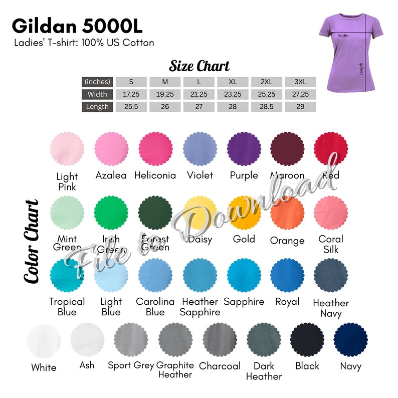 Gildan 5000L Color Chart and Size Chart, G500L Ladies T-shirt Color ...