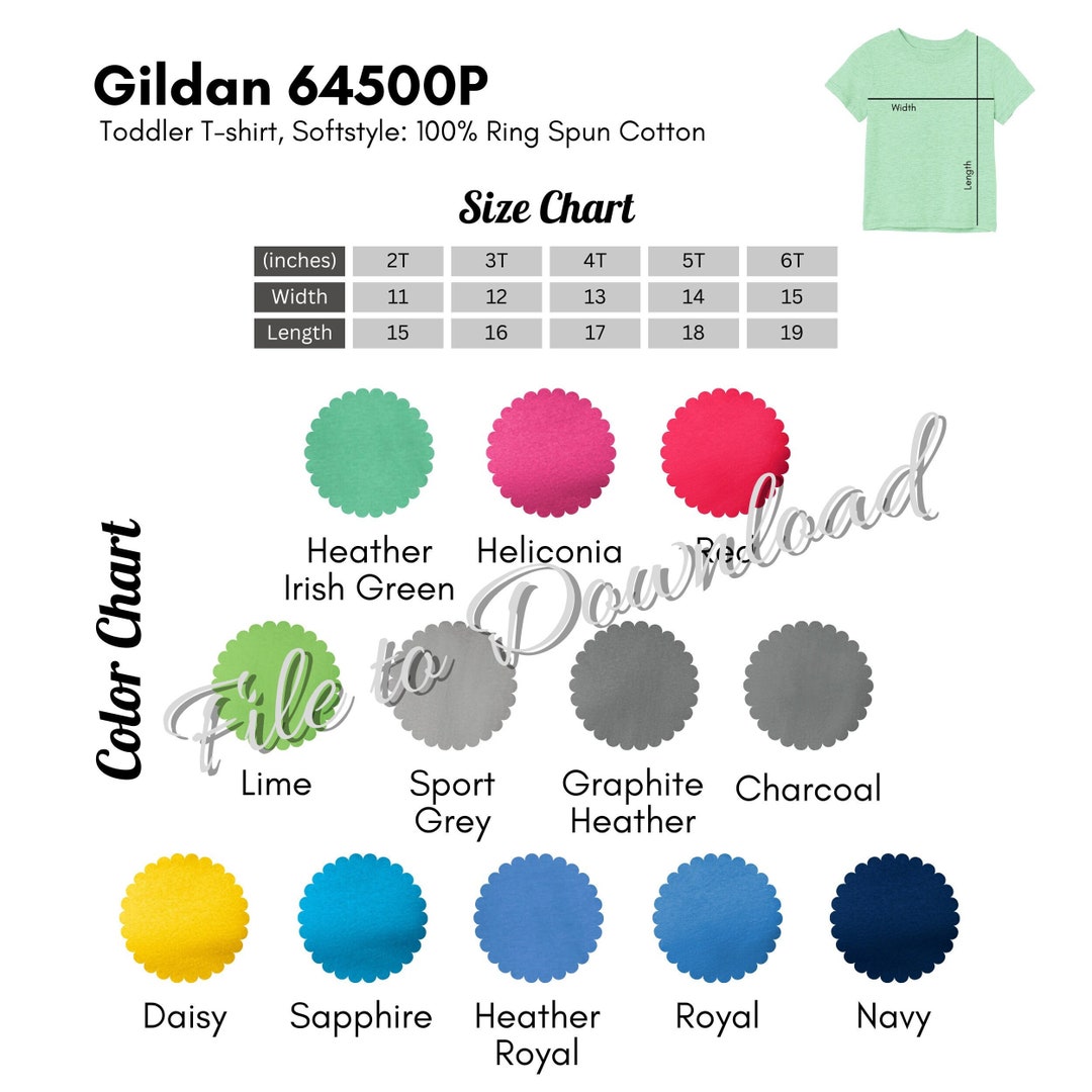 Gildan 64500P Color Chart and Size Chart, Gildan 64500P Toddler T-shirt ...