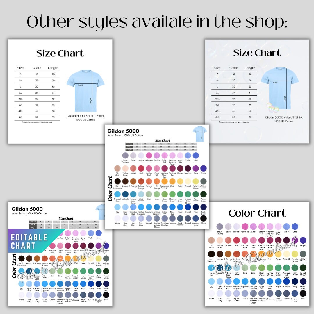 Gildan 5000 Color Chart and Size Chart, Gildan Adult Unisex Tshirt All ...