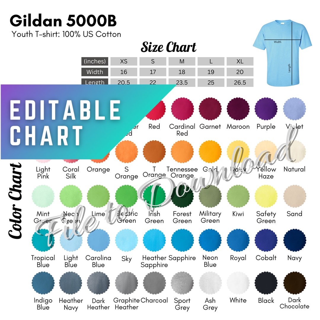 EDITABLE Gildan 5000B Color and Size Chart G500B Youth Tshirt - Etsy