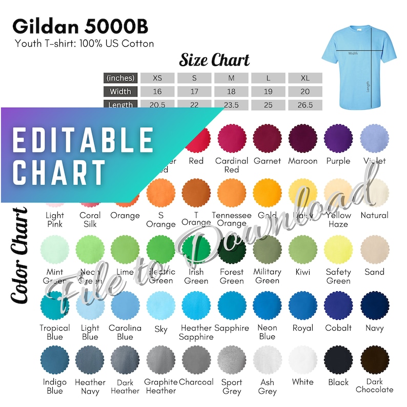 EDITABLE Gildan 5000B Color and Size Chart G500B Youth Tshirt - Etsy