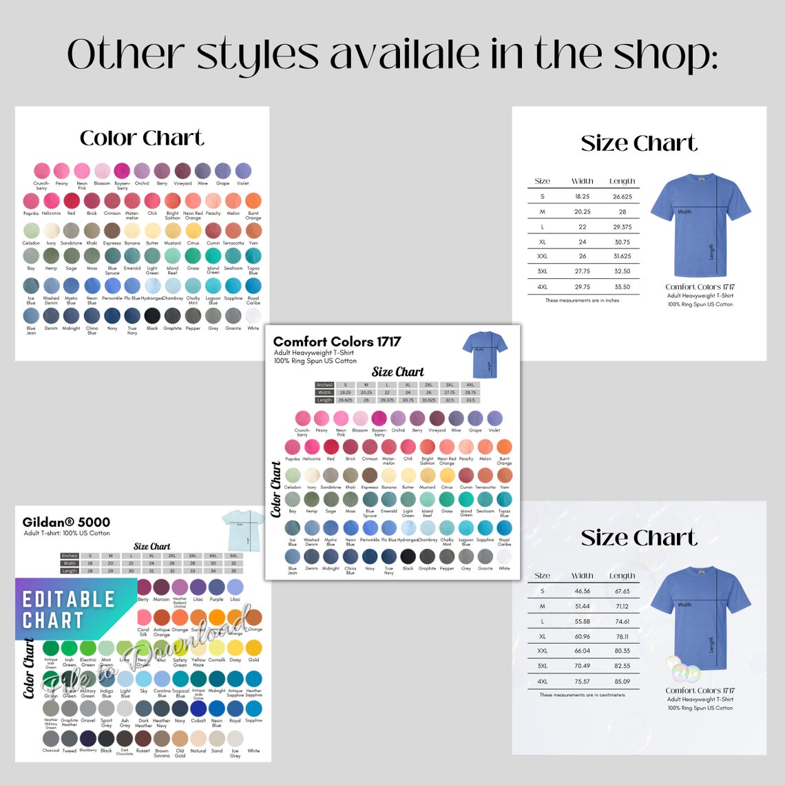 Comfort Colors 1717 Color Chart and Size Chart, CC1717 T-shirt Color ...