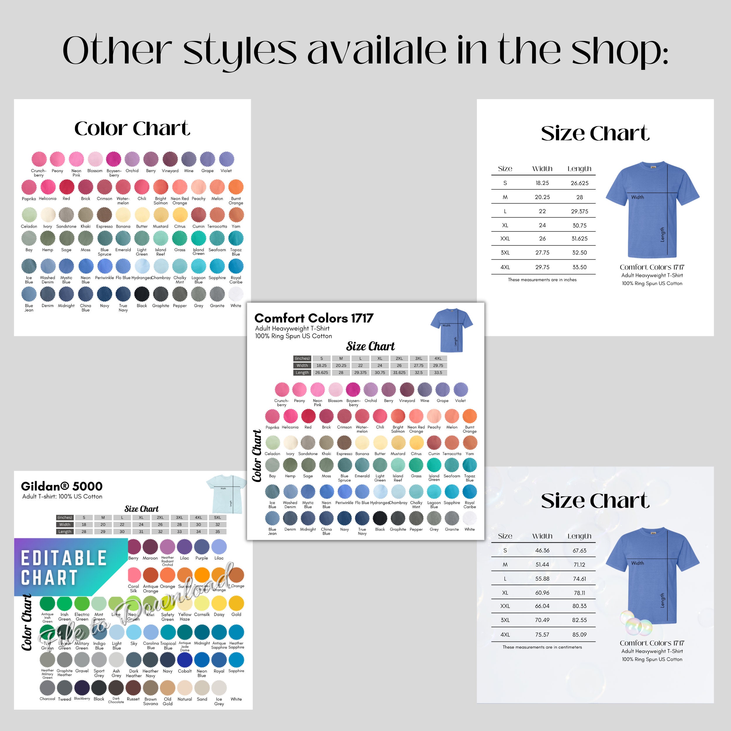 Comfort Colors 1717 Color Chart and Size Chart, CC1717 T-shirt Color ...