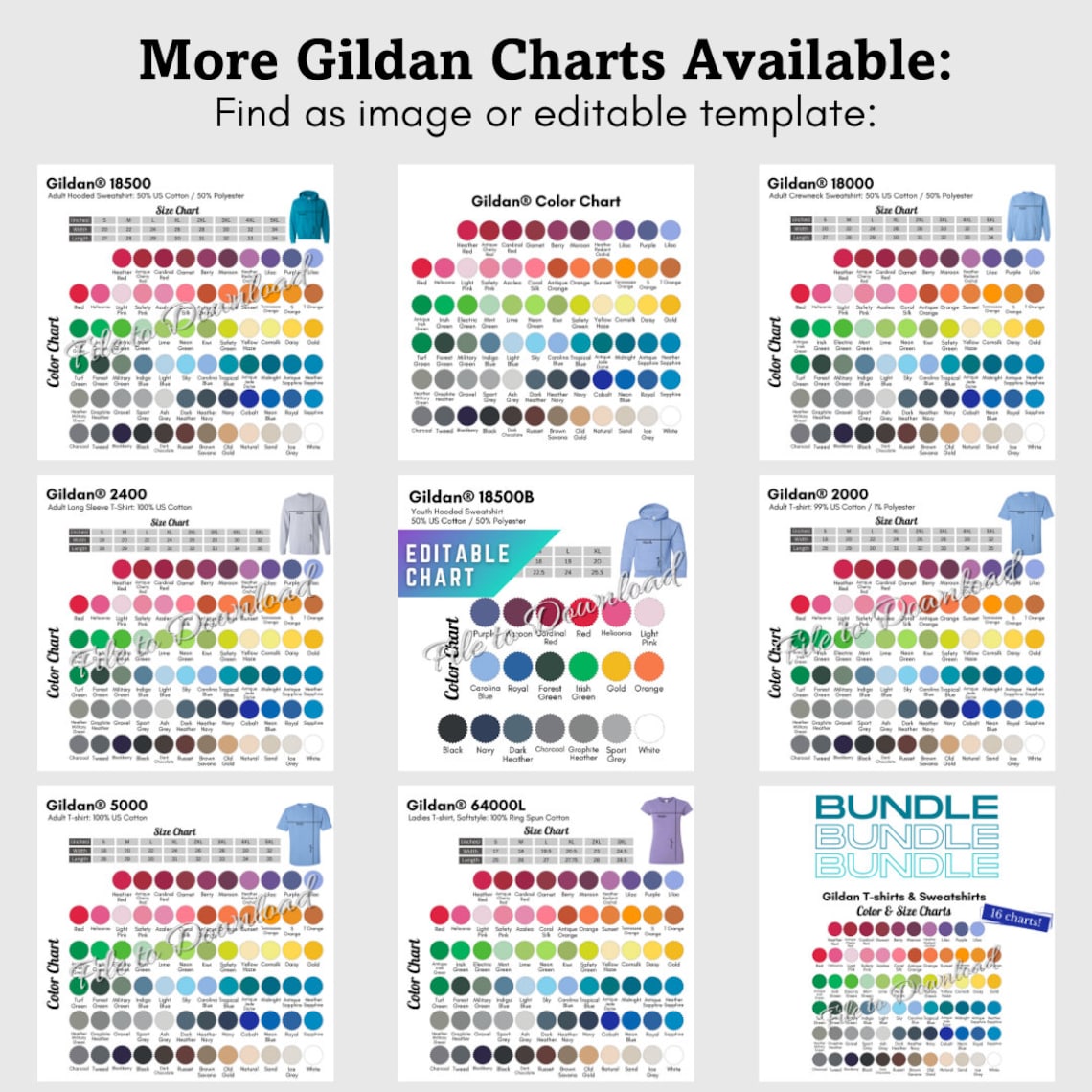 Editable Gildan 64000 Color and Size Chart, G640 Adult Softstyle T ...