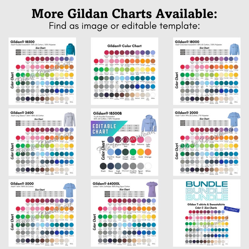 Editable Gildan 64000 Color and Size Chart, G640 Adult Softstyle T ...