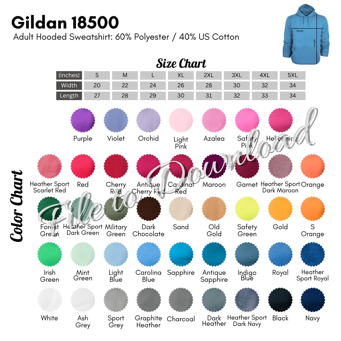 Gildan 18500 Color Chart and Size Chart, G185 Hooded Sweatshirt Color ...