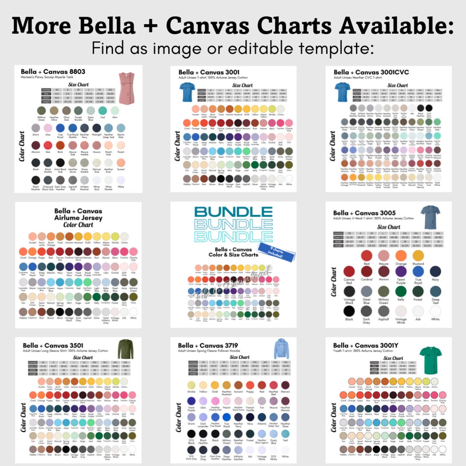EDITABLE Bella Canvas 3001Y Color and Size Chart BC3001Y - Etsy