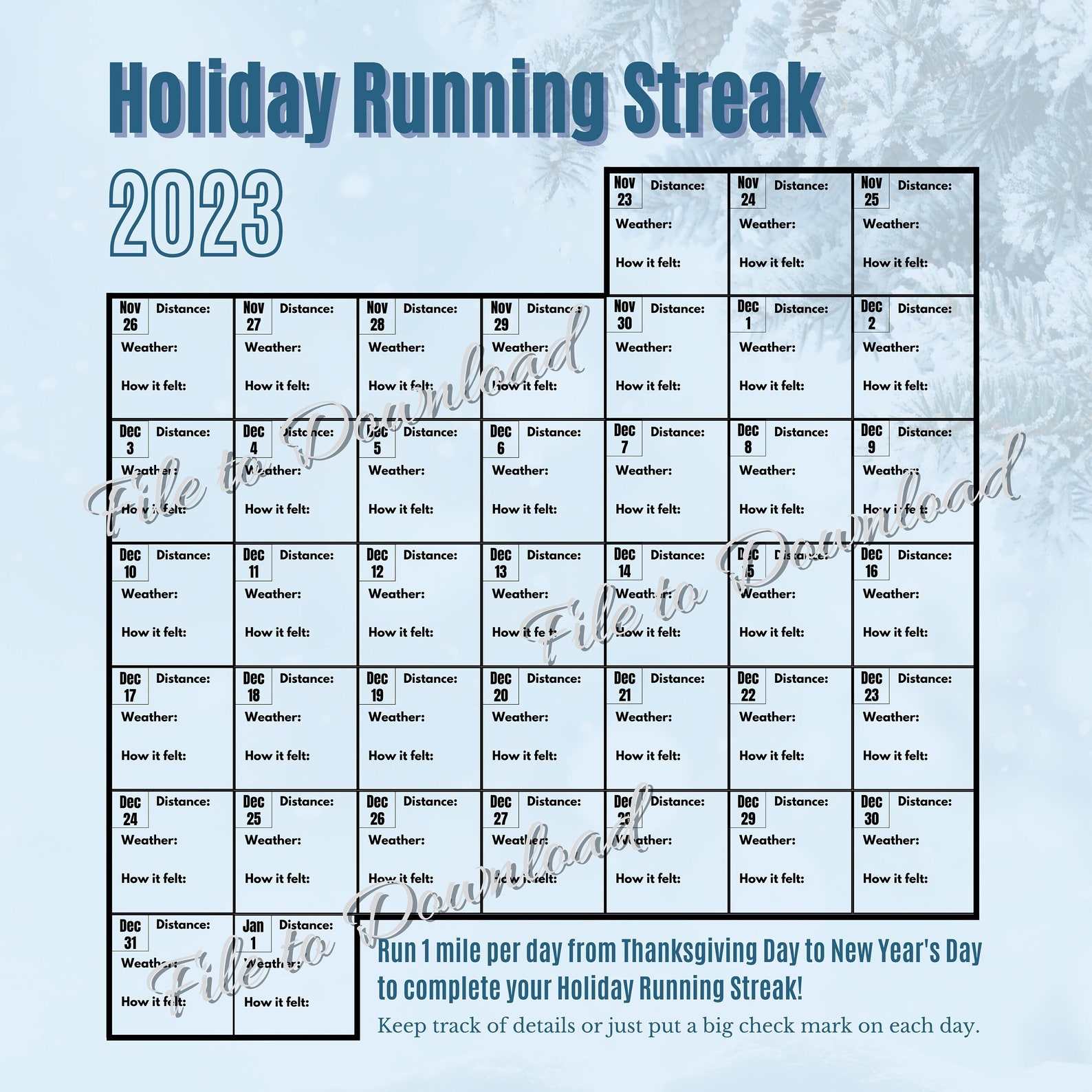 Holiday Running Streak Log 2023, Winter Run Streak Tracker, Runner ...