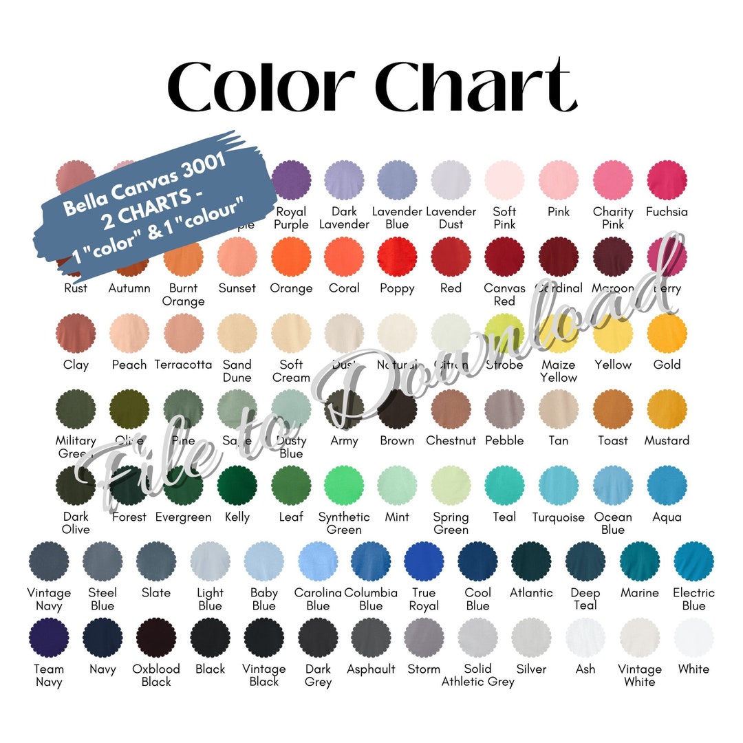 Bella Canvas 3001 Color Chart, BC3001 Unisex T-shirt Color Chart, Bella ...