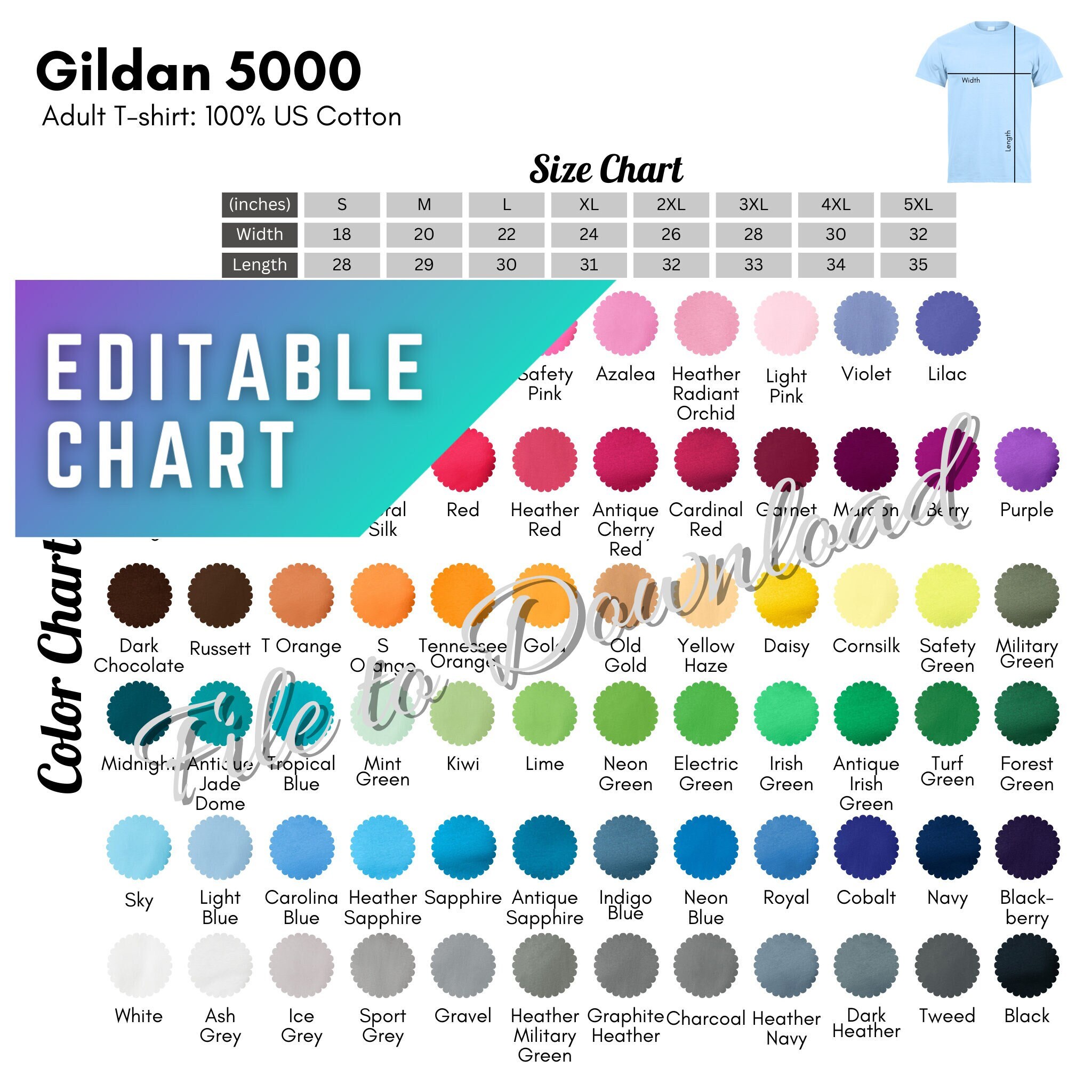 EDITABLE Gildan 5000B Color and Size Chart, G500B Youth Tshirt Color ...