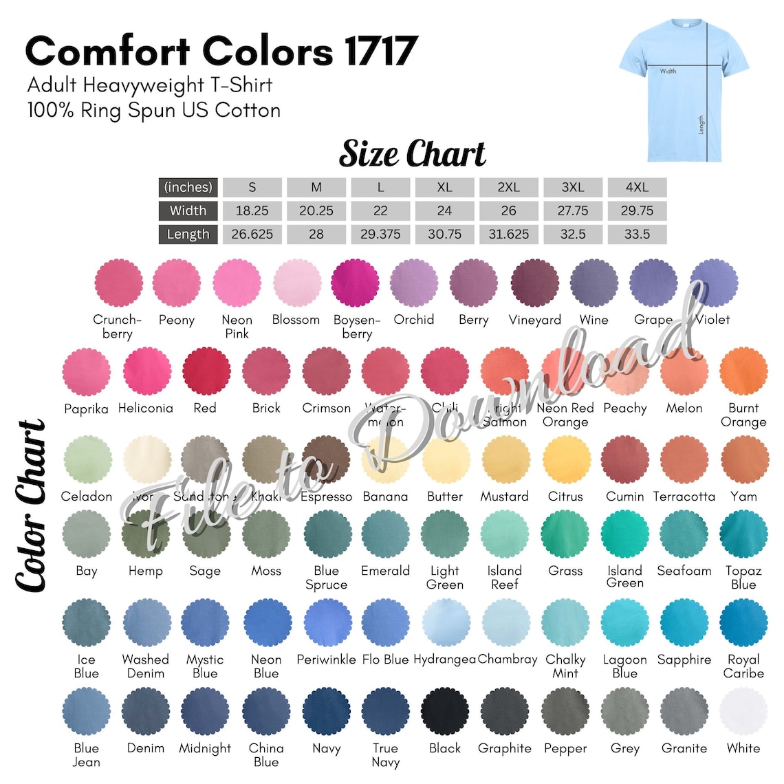 Comfort Colors 1717 Color Chart and Size Chart, CC1717 T-shirt Color ...