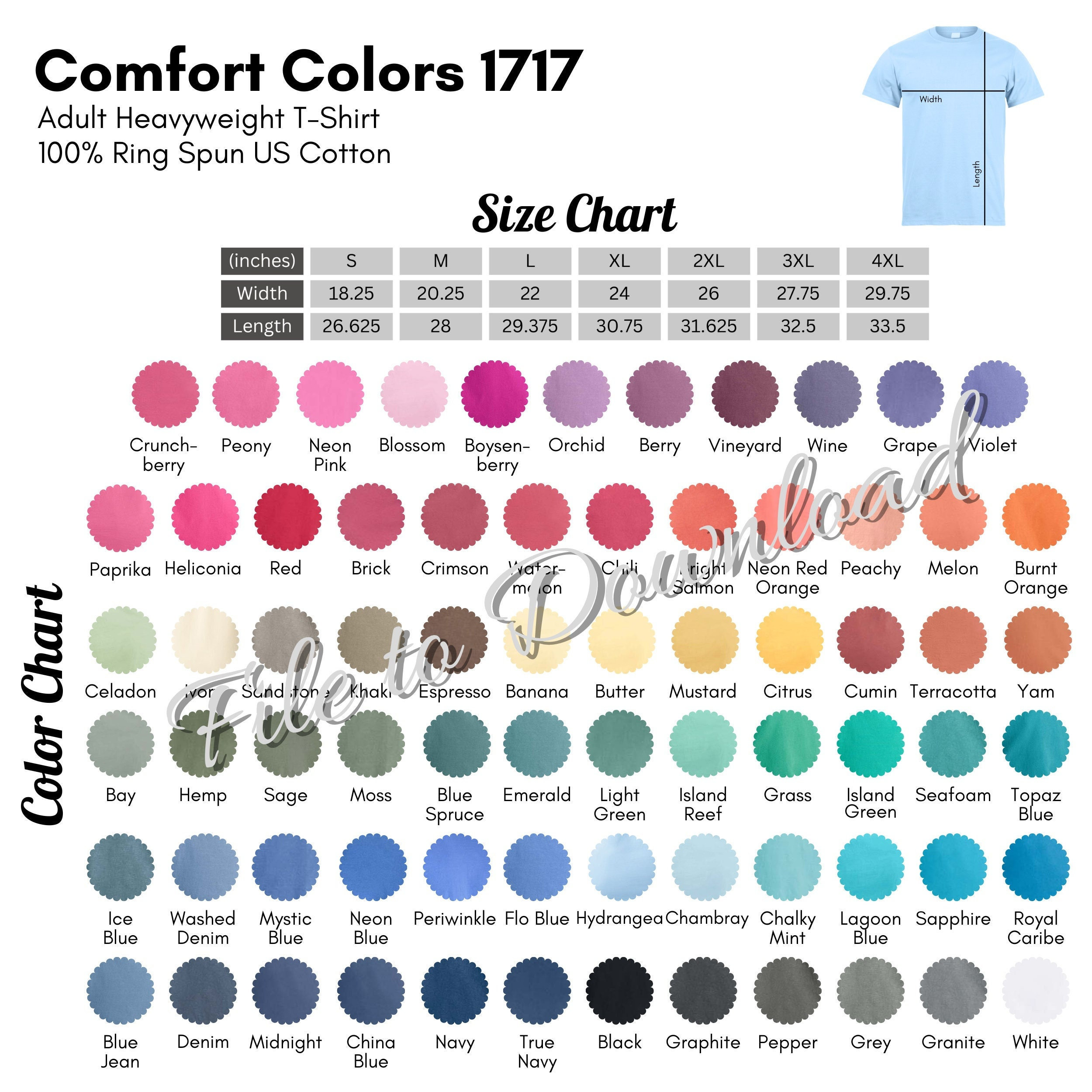Comfort Colors 1717 Color Chart and Size Chart, CC1717 T-shirt Color ...