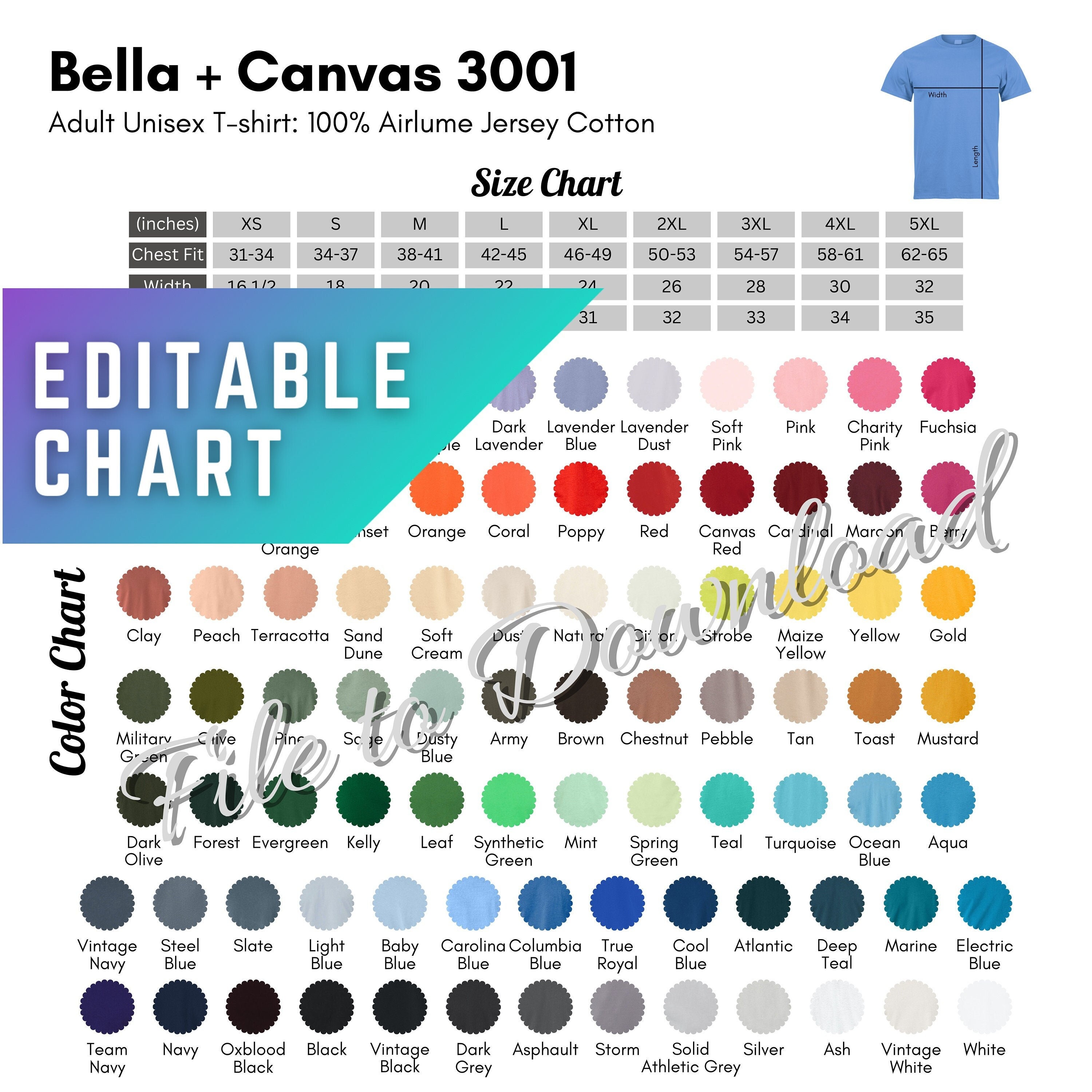 EDITABLE Bella Canvas 3001 Color and Size Chart, BC3001 Color Chart ...