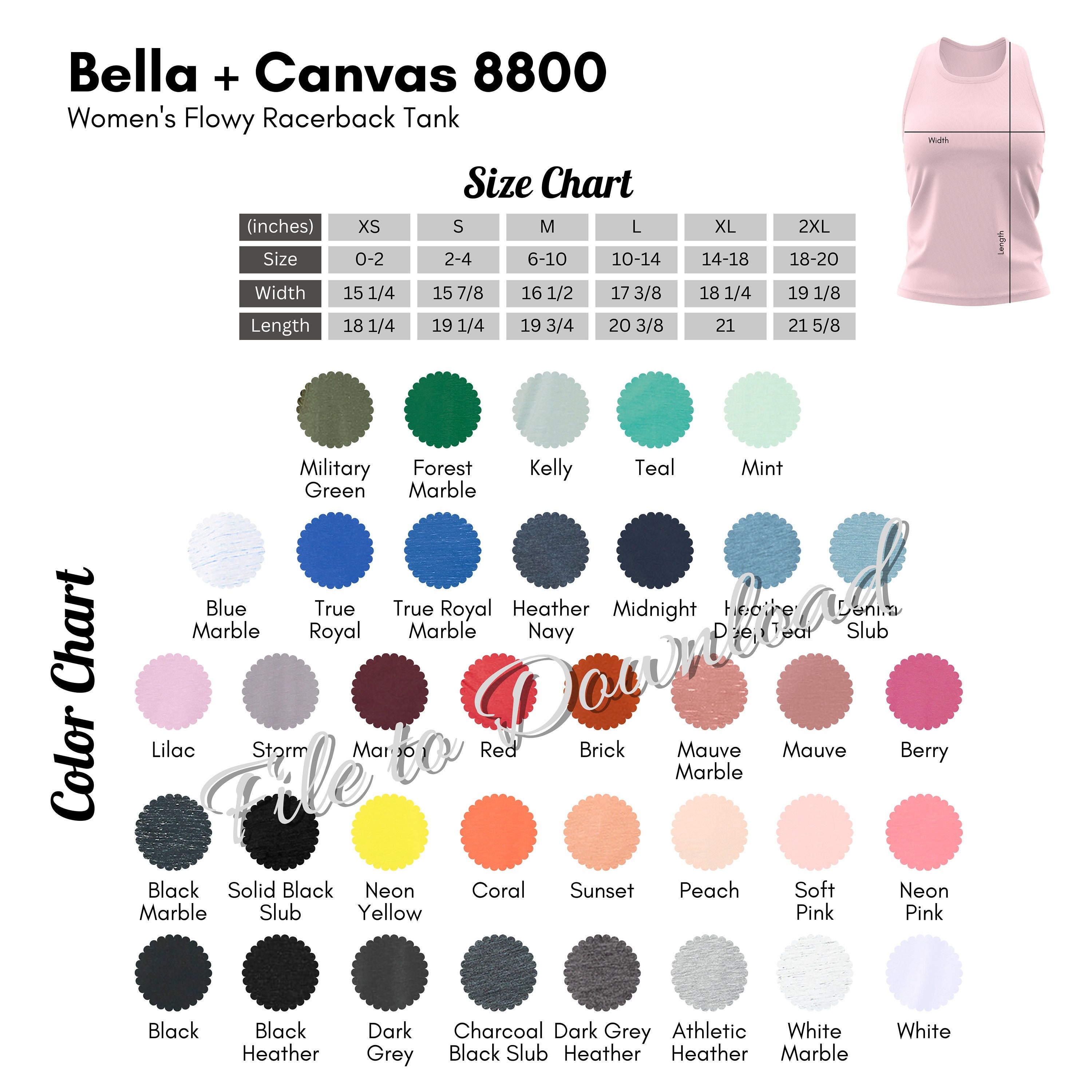 Bella Canvas 8800 Color and Size Chart, BC8800 Women's Flowy Racerback Tank Top Color Guide ...