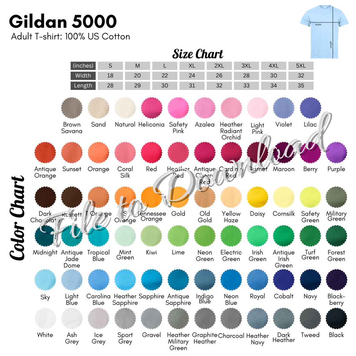 EDITABLE Gildan 5000B Color and Size Chart, G500B Youth Tshirt Color ...