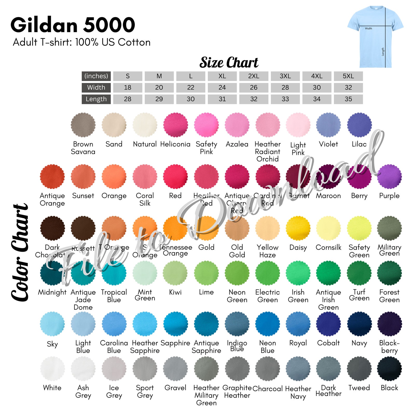 EDITABLE Gildan 5000B Color and Size Chart G500B Youth Tshirt - Etsy