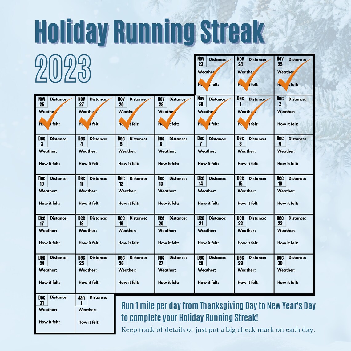 Holiday Running Streak Log 2023, Winter Run Streak Tracker, Runner ...