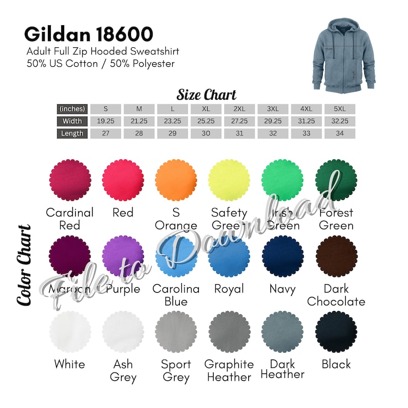 Gildan 18600 Color Chart and Size Chart, G186 Full Zip Hooded ...