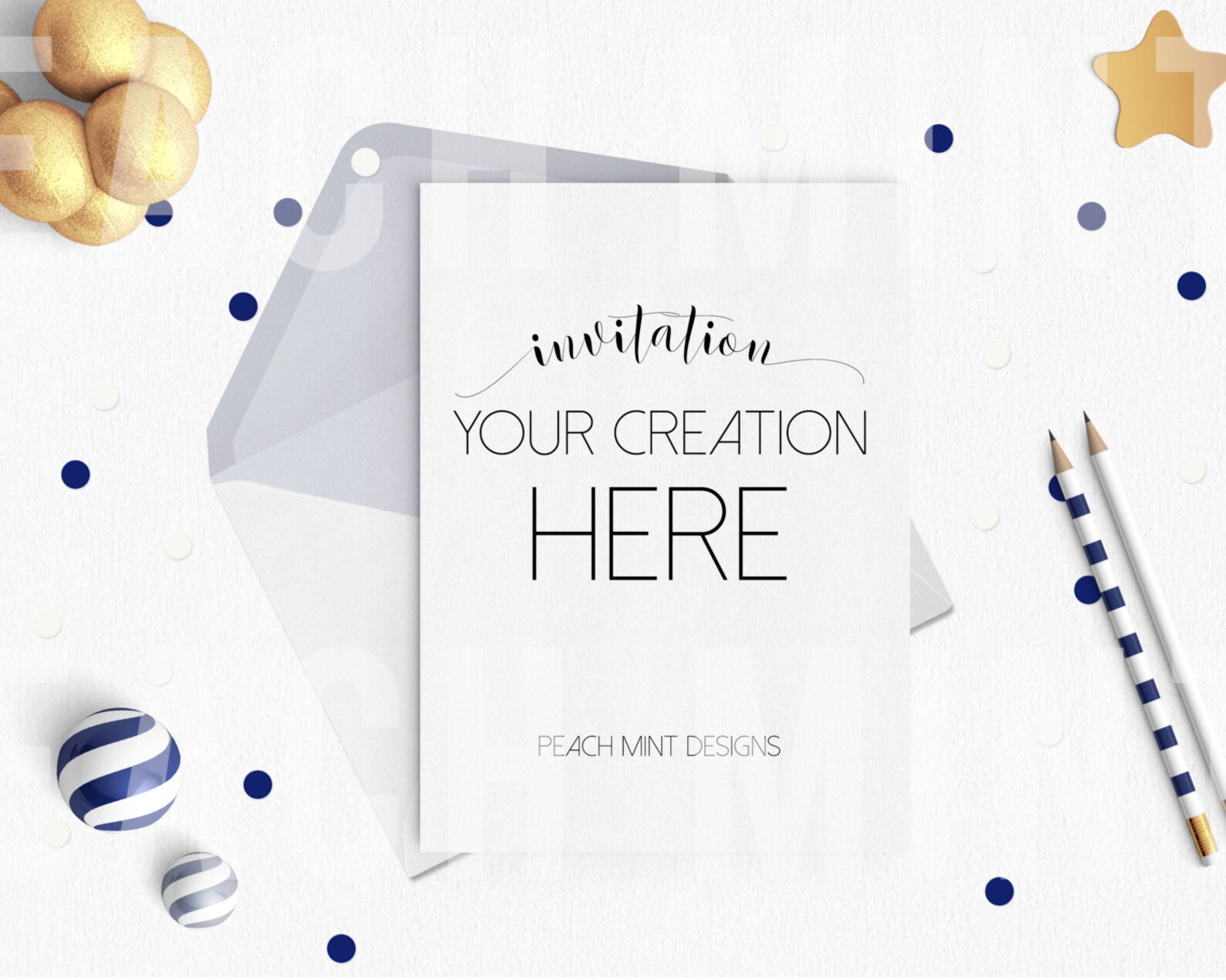 Mock up Blue Invitation 5x7 Vertical | Blue White Gold Decorations ...