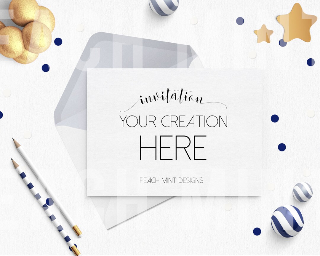 Mock up Blue Invitation 5x7 Horizontal | Blue White Gold Decorations ...