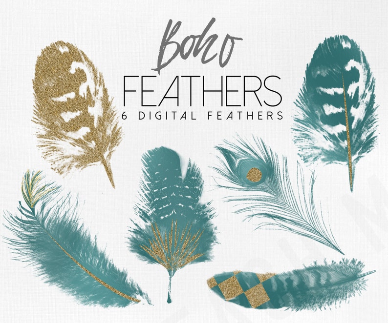 Boho Feathers & Decorations With Gold Foil | Digital Feathers | Gold ...