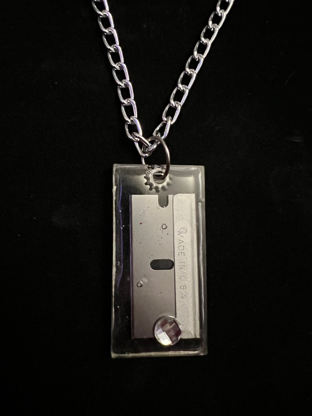 Resin Cast Razor Blade With Rhinestone Rectangle Pendant in Silver ...