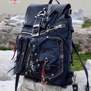 HIGH-END Leather Denim Dark Blue Backpack Art Knapsack Rock N Roll ...