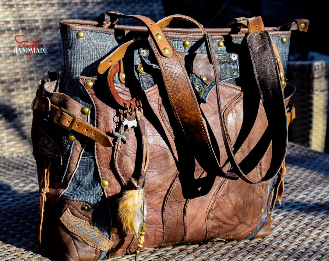 HIGH-END Leather & Denim Shoulder Bag Artistic Tote Women's Handbag ...