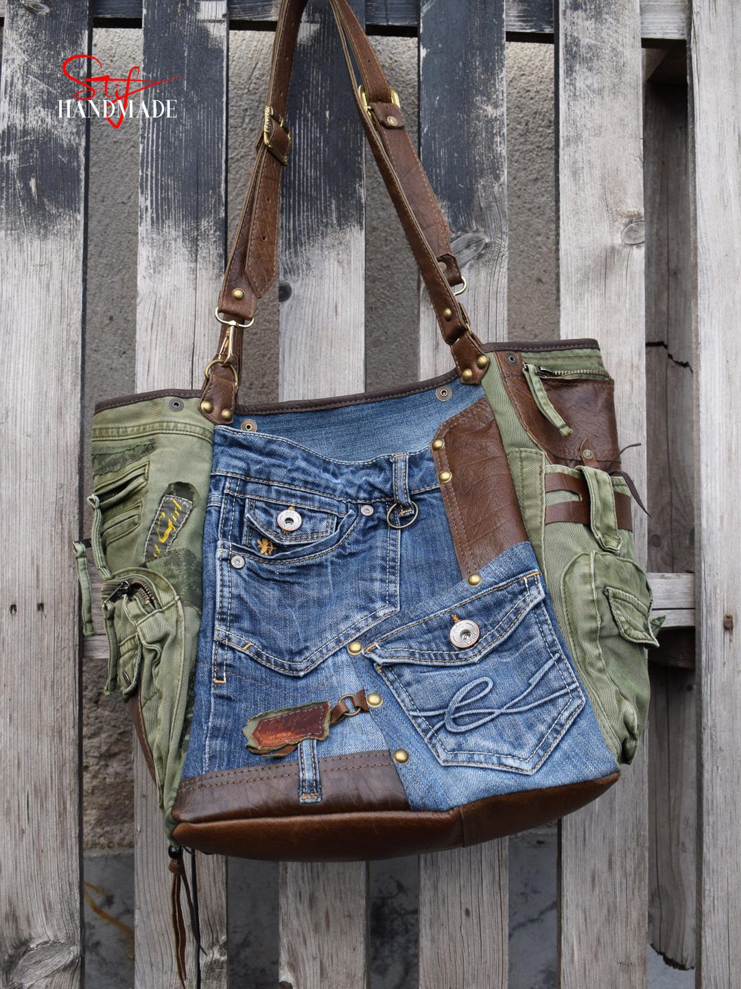 HIGH-END Handmade Large Denim, Military & Leather 4-face Tote Bag ...