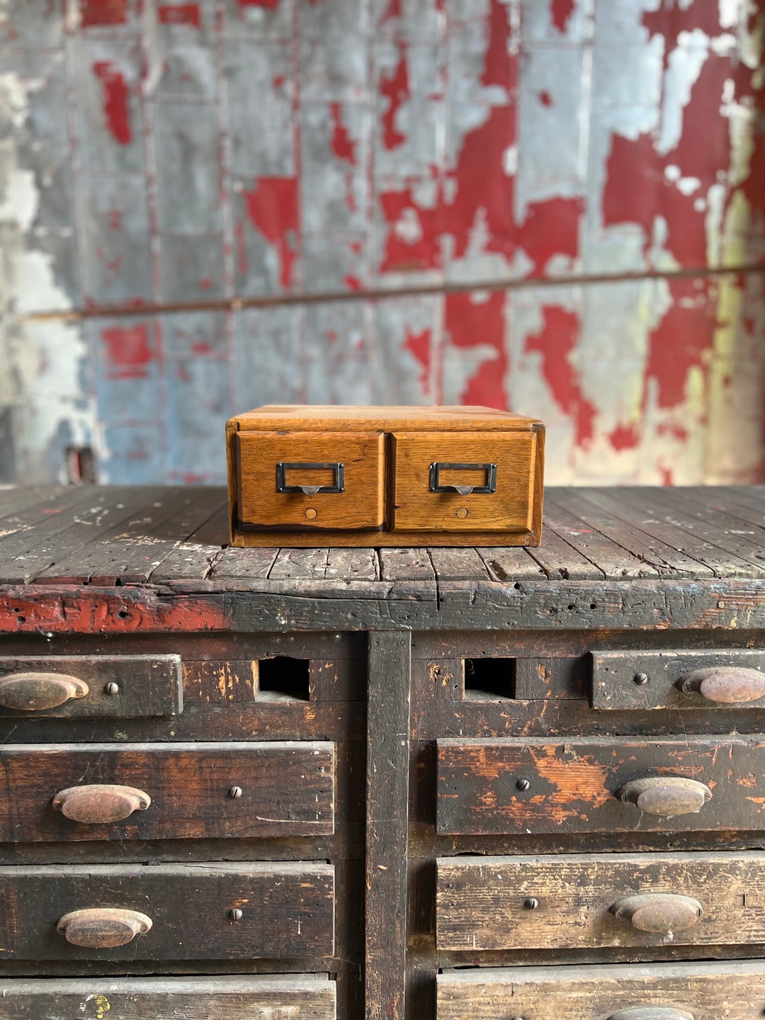 Antique Oak Two Drawer Desktop Filer Industrial Office Card - Etsy