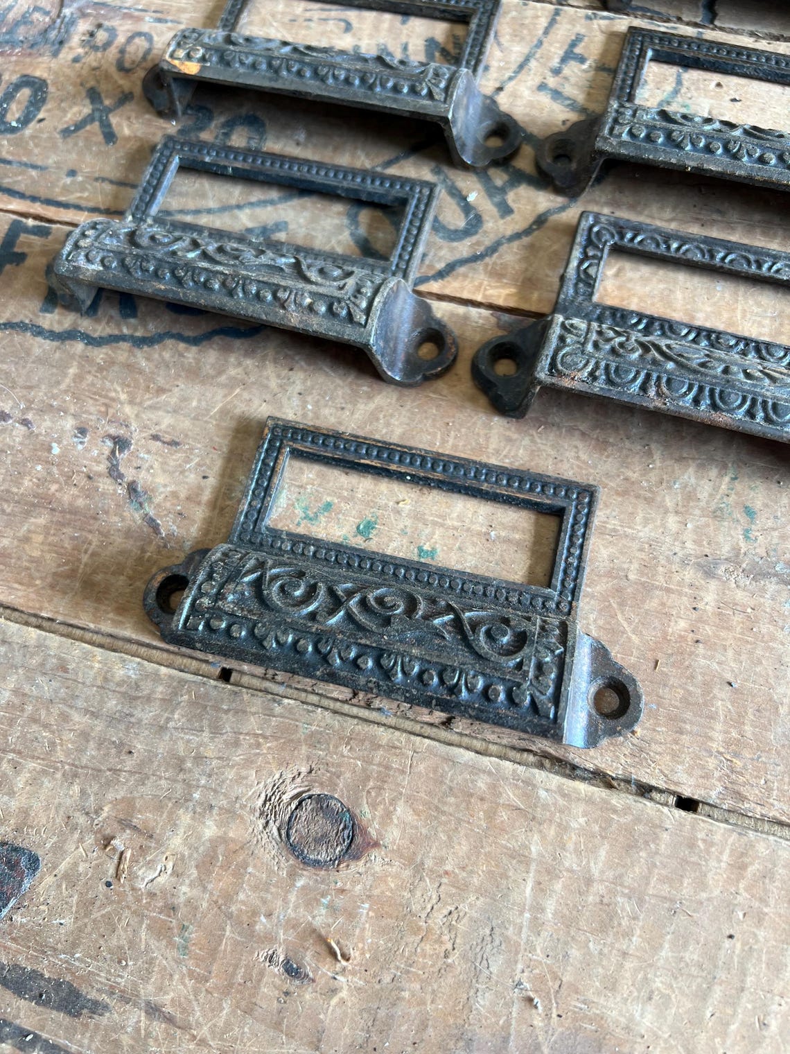Set of 10 1880s Cast Iron Victorian Ornate Drawer Pulls With Label ...