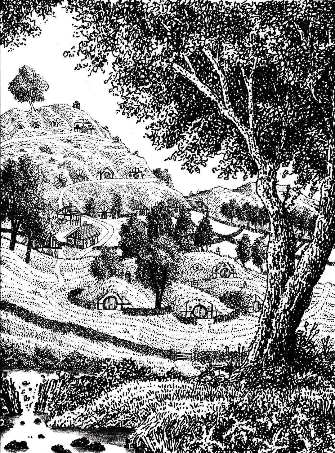HOBBITON - Tolkien Lord of the Rings Pen & Ink Illustration/drawing A4 ...