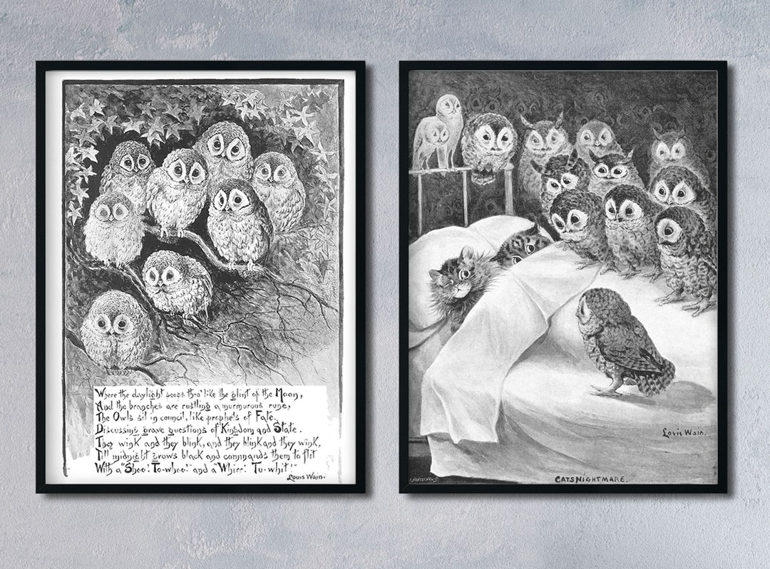 Cat's Nightmare and Owls at Night by Louis Wain, Set of 2 Prints ...