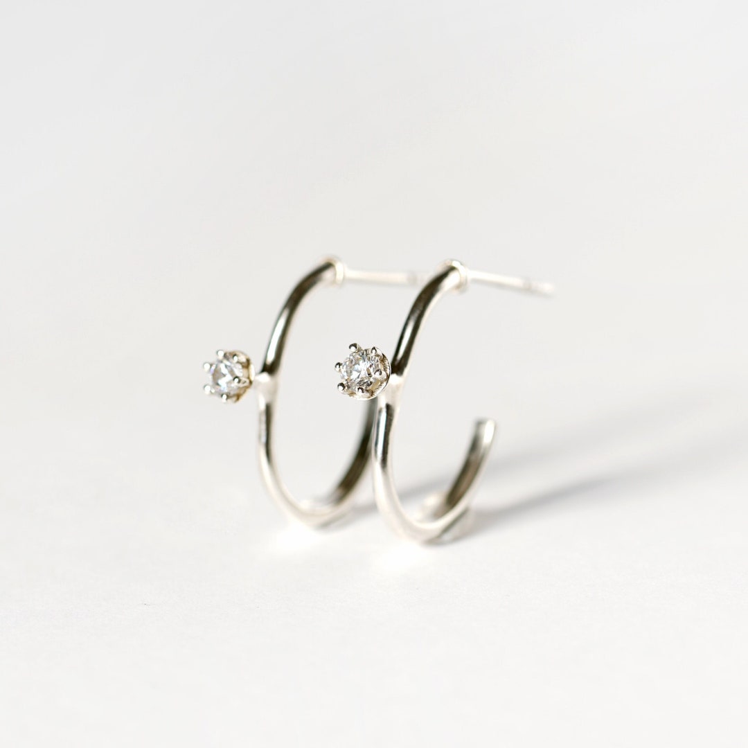 Liana Hoops, Minimalist Curve Silver Studs,unique Hoops With Stone ...