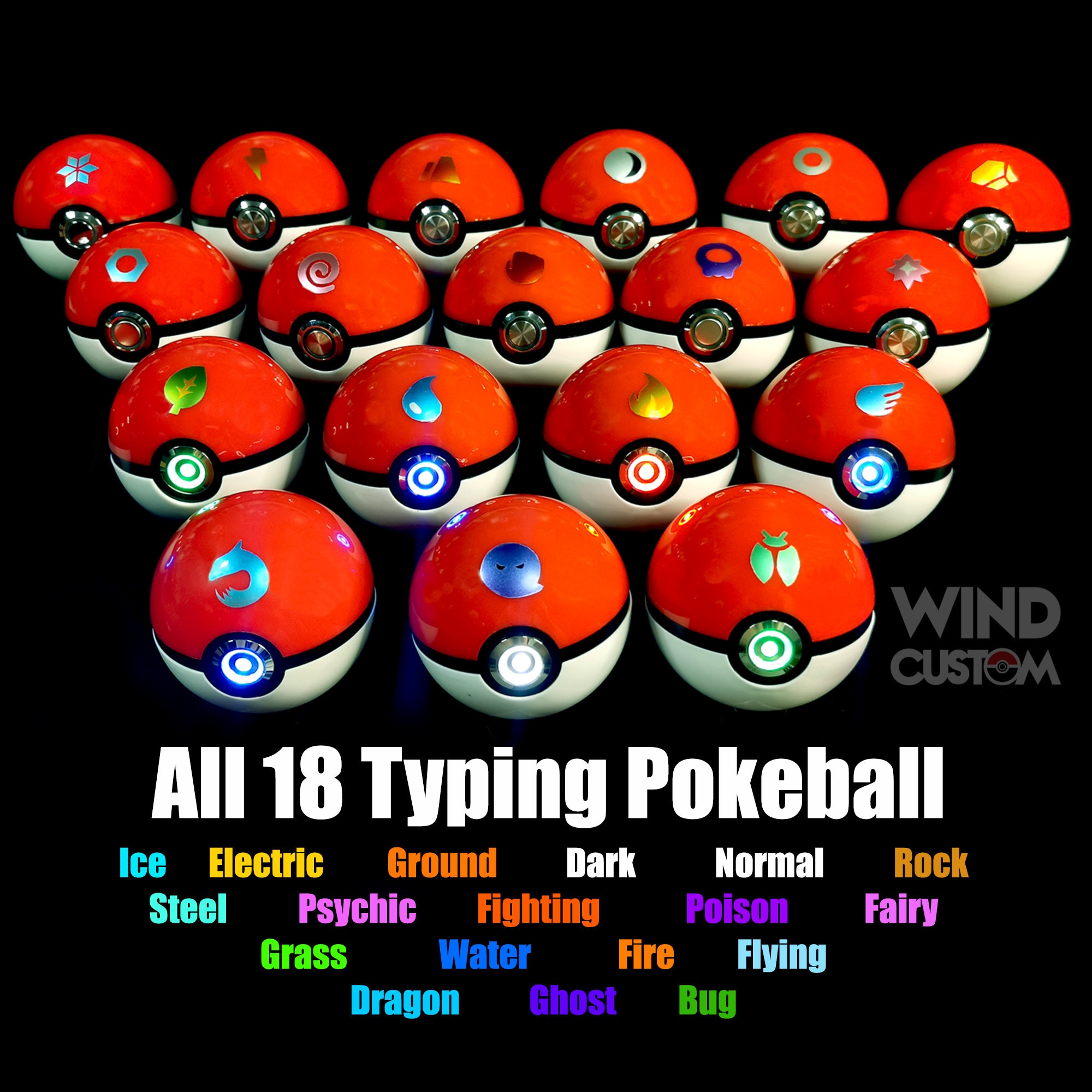 ALL TYPING Pokeballs Lightup With LED Windcustoms Exclusive. - Etsy UK