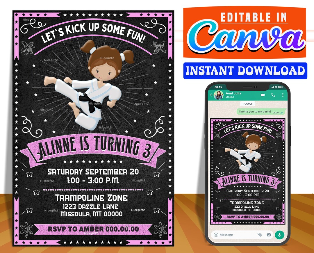 KARATE Girl Party Digital Birthday Invitation Chalkboard EDITABLE on ...