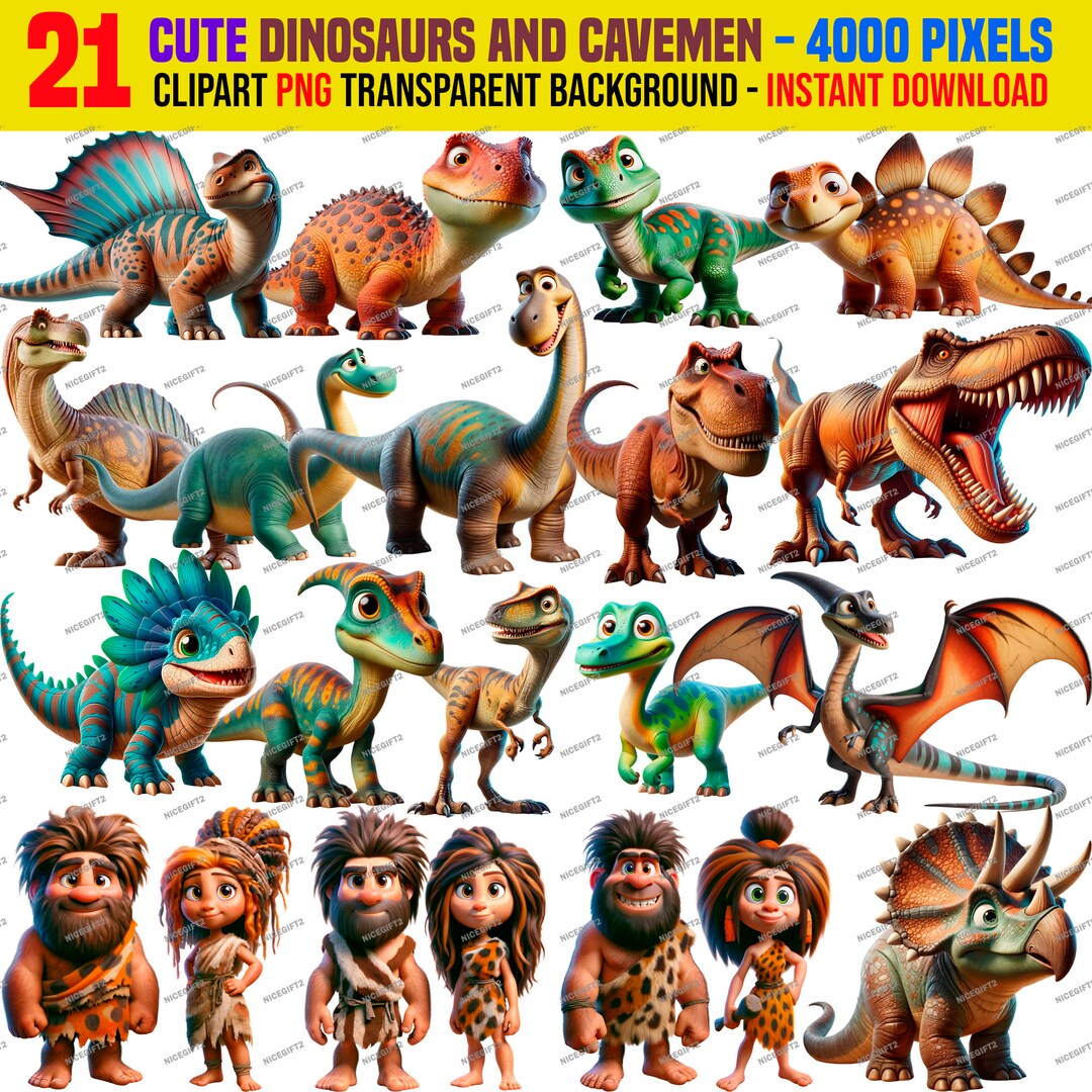 21 DINOSAURS and Cavemen Cartoons Clipart Transparent - Etsy